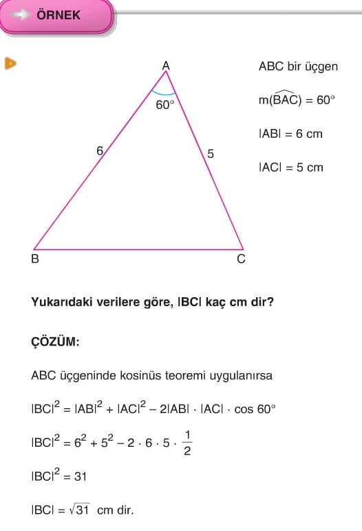 Kosinüs Teoremi konu anlatımı test soruları çözümleri formülleri 11. sınıf